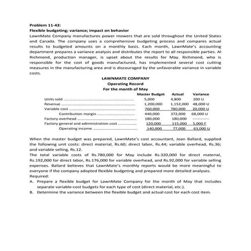 Problem 11 - 43 flexible budgeting; variances; impact on behavior | DOC