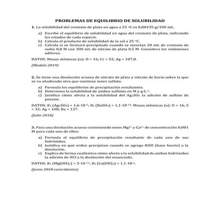 Problemas De Repaso De Equilibrio De Solubilidad Pdf