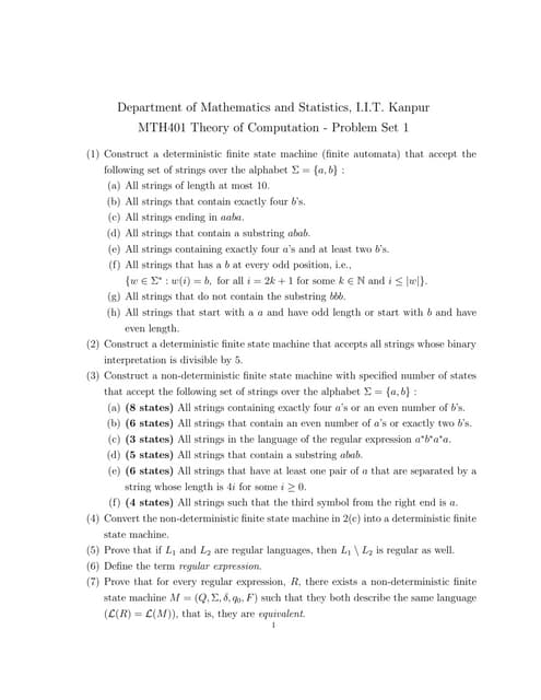 Mth 401 IITK theory of computation 2016 | PDF