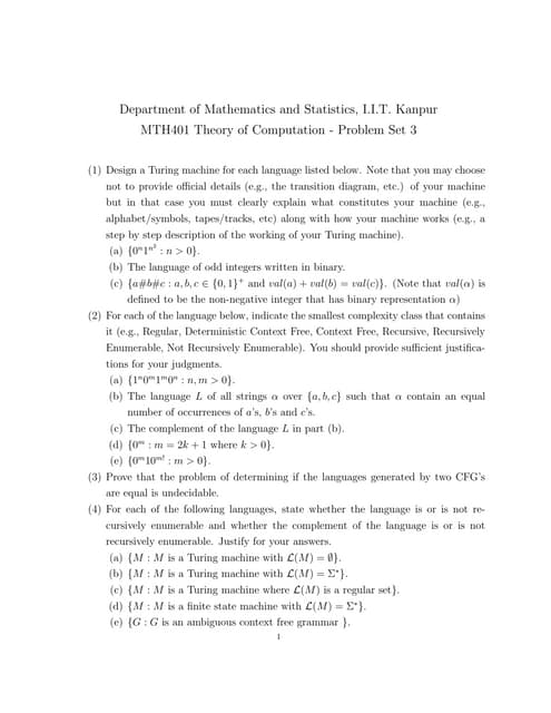 Mth 401 IITK theory of computation 2016 | PDF