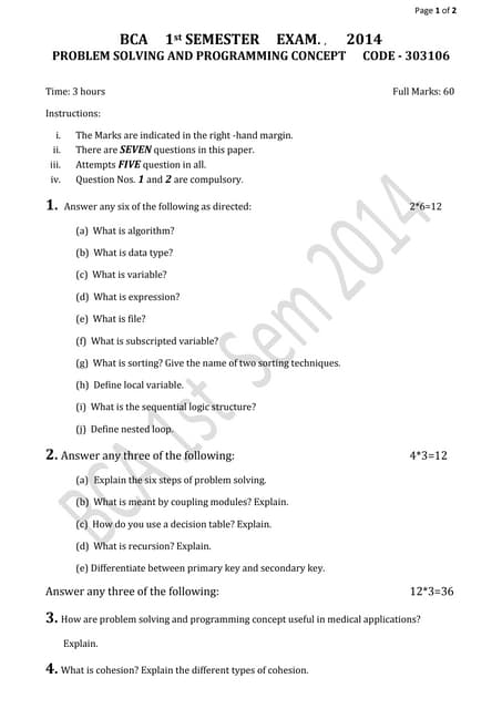 Problem Solving And Programming Concept Code 303106 Bca 1st Semester Exam 2014 Pdf