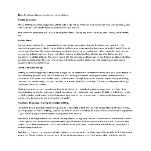 Problems that arise during metal slitting | DOC