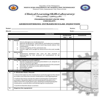 Proc. 1 pharma. skills intramuscular injection | DOCX