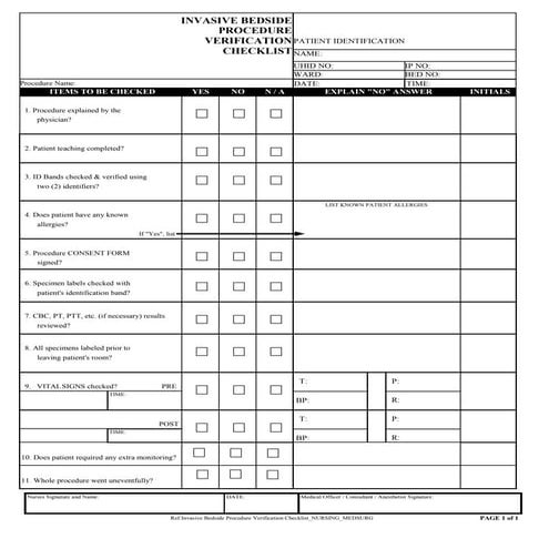 Invasive Bedside Procedure Verification Checklist or Bedside Invasive ...