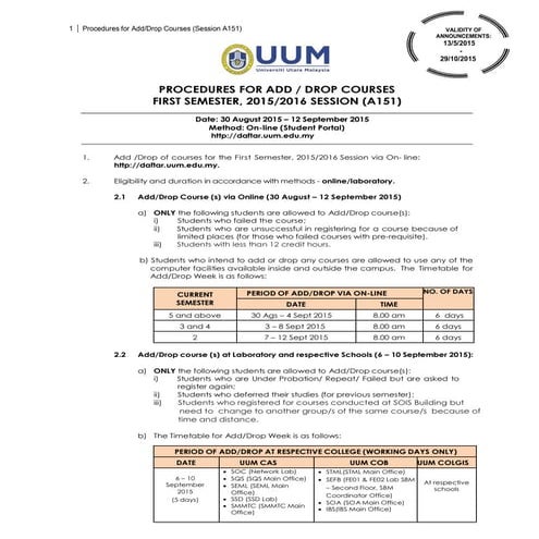 Procedures for add / drop courses A151 | PDF | College Education ...