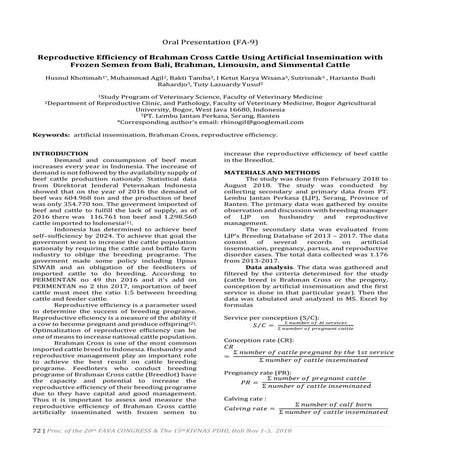Proceeding of FAVA: Reproductive Efficiency of Brahman Cross Cattle Using artificial ...