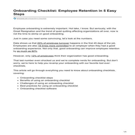 Onboarding Checklist Employee Retention in 5 Easy Steps | PDF