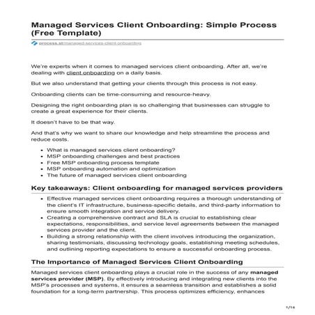 Managed Services Client Onboarding Simple Process Free Template | PDF