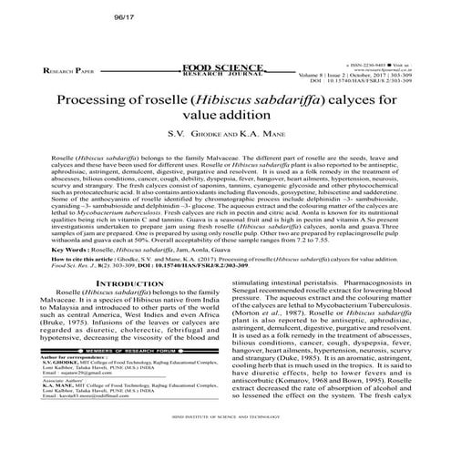 Processing of roselle (Hibiscus sabdariffa) calyces for value addition ...