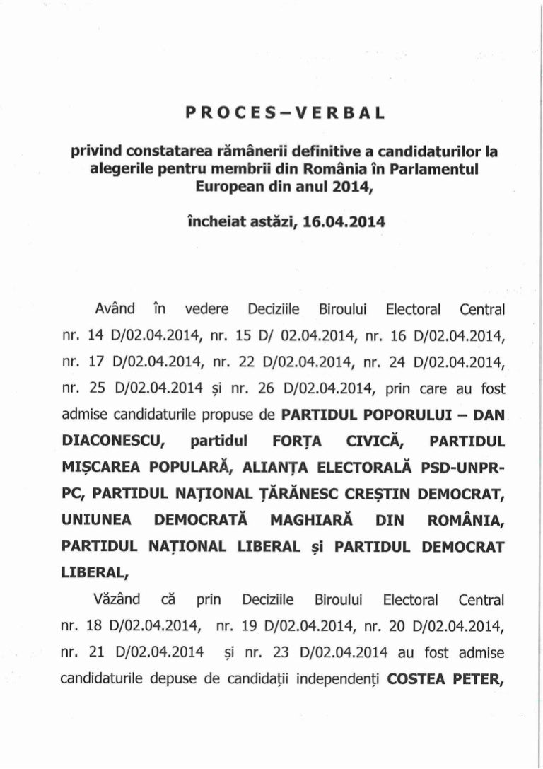 Proces verbal privind constatarea rămânerii definitive a candidaturil…