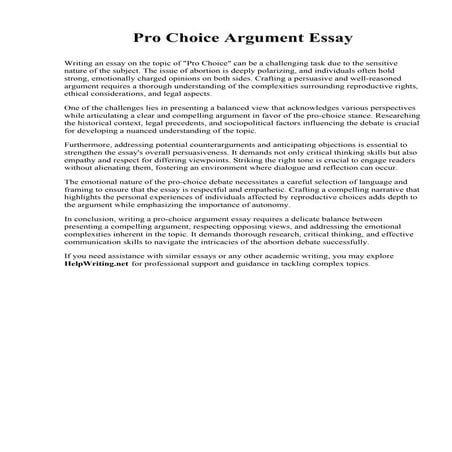 Pro Choice Argument Essay. Southwest Tennessee Community College | PDF