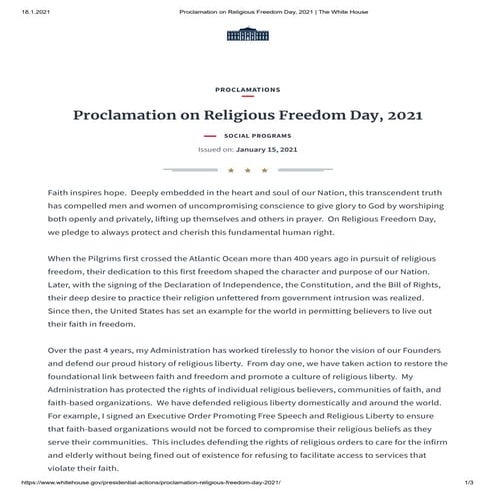 Proclamation On Religious Freedom Day, 2021 | PDF