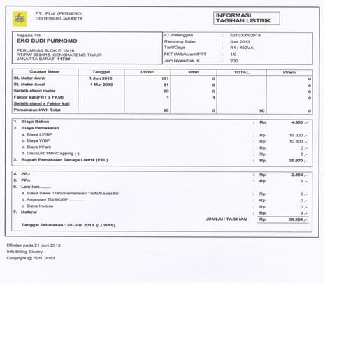contoh tagihan pln | DOC