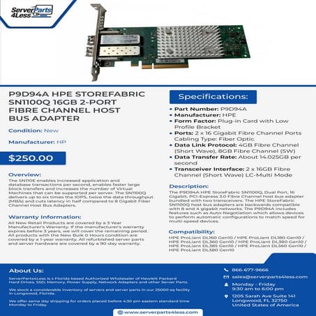 P9D94A HPE STOREFABRIC SN1100Q 16GB 2-PORT FIBRE CHANNEL HOST BUS ...