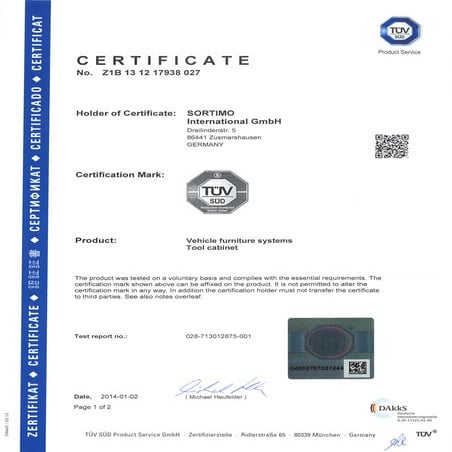 TUV Product certificate Sortimo Globalyst | PDF