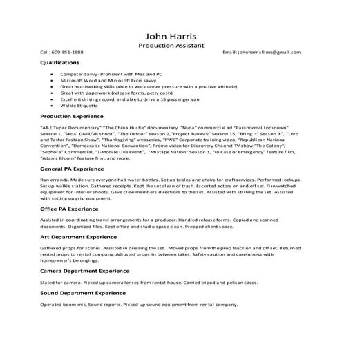 Production assistant resume 4 | PDF