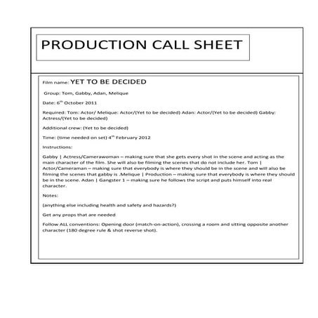 Production call sheet | PDF