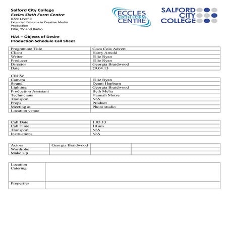 Production call sheet | DOC