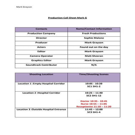 Production call sheet mark g | DOCX