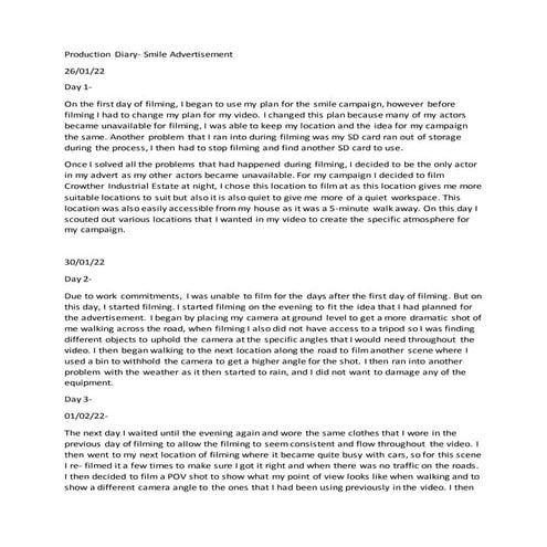 Production diary | DOCX | Video Production | Content Production