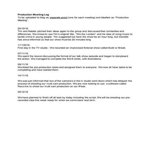 Production meeting log | PDF