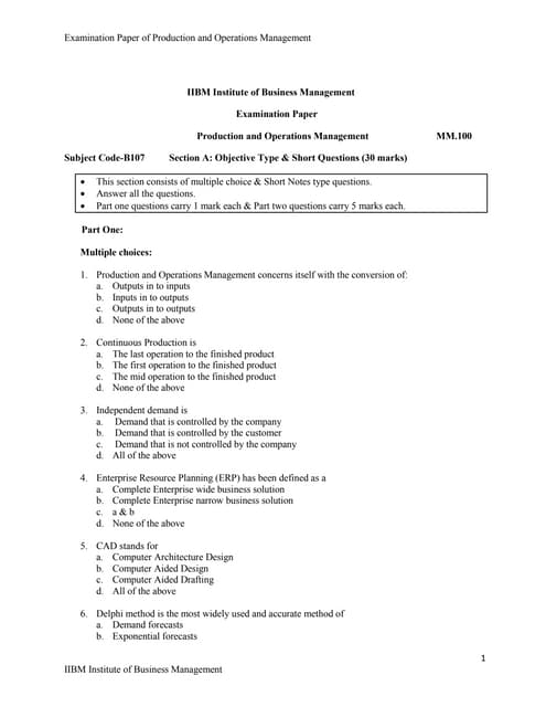 Examination paper of production & operation management (2) | PDF ...