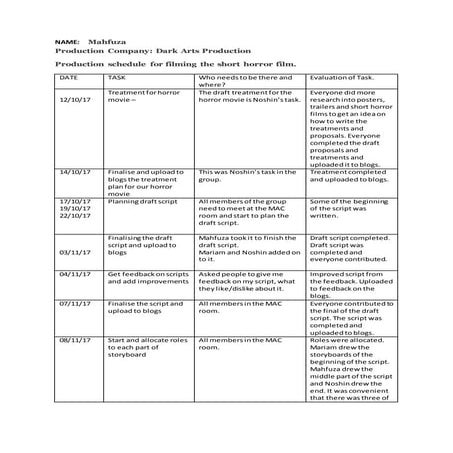 Production schedule and log for film | DOCX