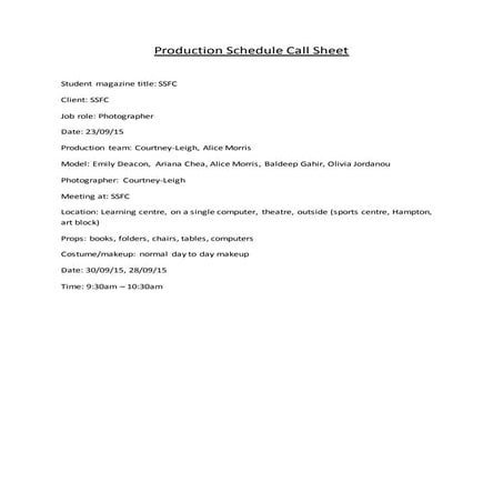 Preliminary production schedule call sheet | DOCX