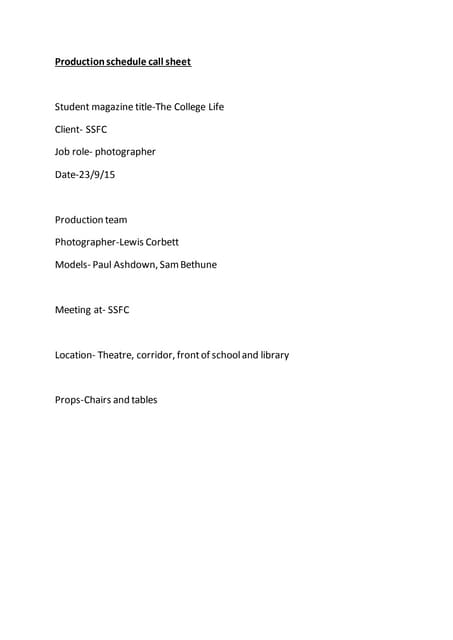 Preliminary production schedule call sheet | PDF