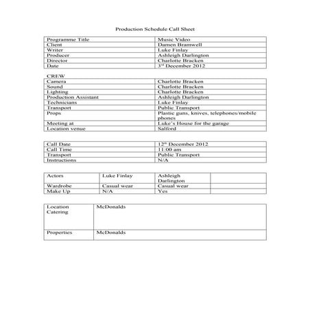 Production schedule call sheet template | PDF