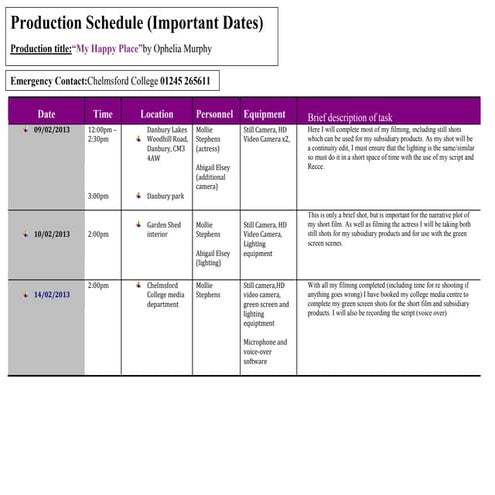 Production schedule important dates | DOCX