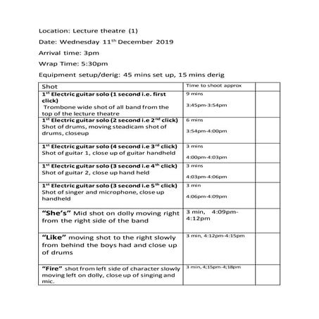 Production schedule lecture theatre | DOCX