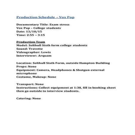 Production schedule vox pop | DOCX