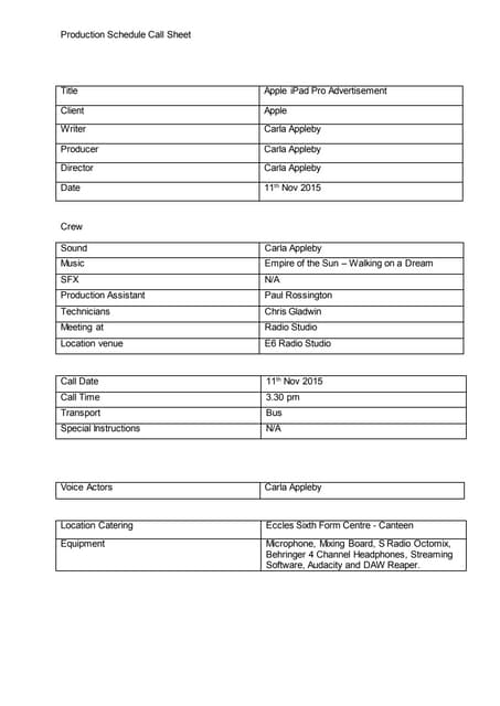 Radio production schedule call sheet template | DOC