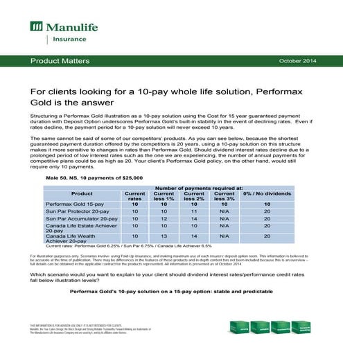 For clients looking for a 10-pay whole life solution, Performax Gold is ...