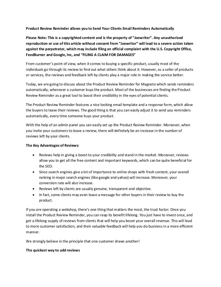 Product review reminder allows you to send your clients email reminde…