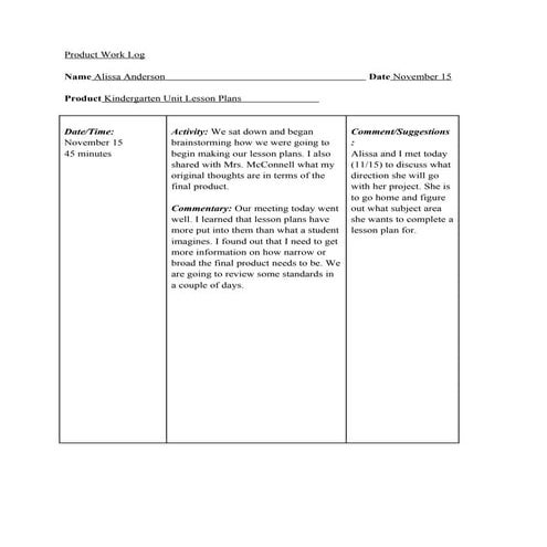 Product Work Logs | DOC | Daycare and Pre-School | Parenting
