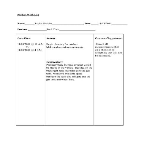 Product work log template word | DOC