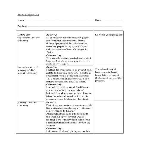Product work log | DOCX