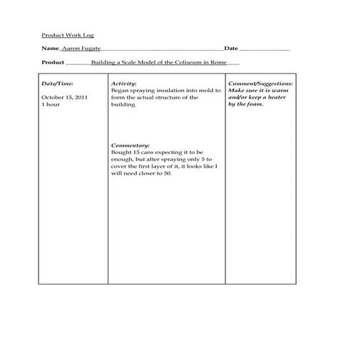 Product work log template 2011 12 | DOCX