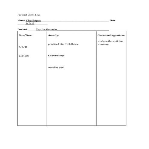Product work log template 2011 12-7 | DOCX
