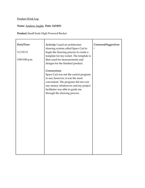 Product work log template 2011 12 | PDF