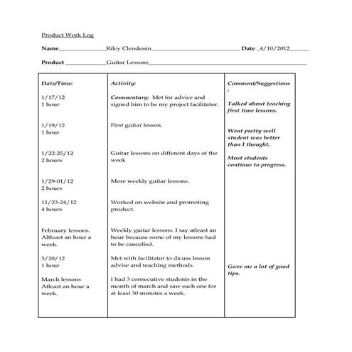 Product work log template word | DOC