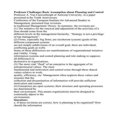 Professor challenges basic assumption about planning and control | DOCX