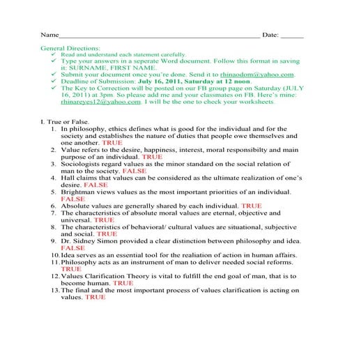 KEY TO CORRECTION Profeth worksheet | DOCX