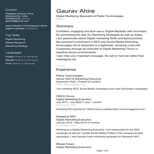 Gaurav Ahire, Digital Marketer Profile/work experience | PDF | Marketing and Advertising | Business