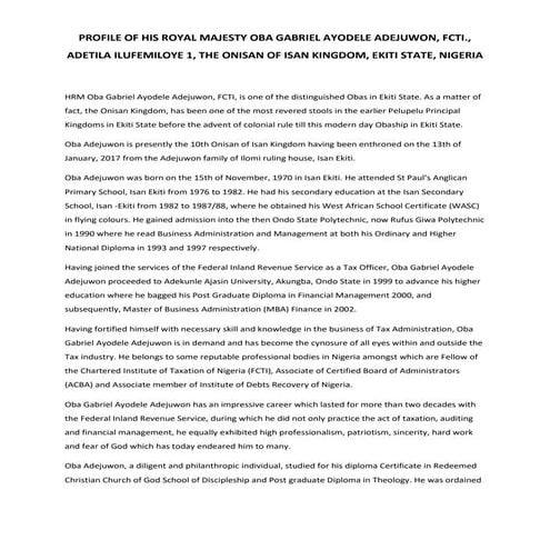 PROFILE OF HIS ROYAL MAJESTY OBA GABRIEL AYODELE ADEJUWON, FCTI ...
