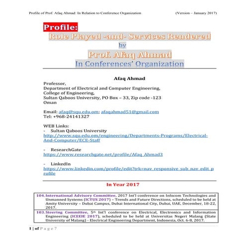 Profile of prof. afaq ahmad in relation to conference organization - version jan. 2017 | PDF