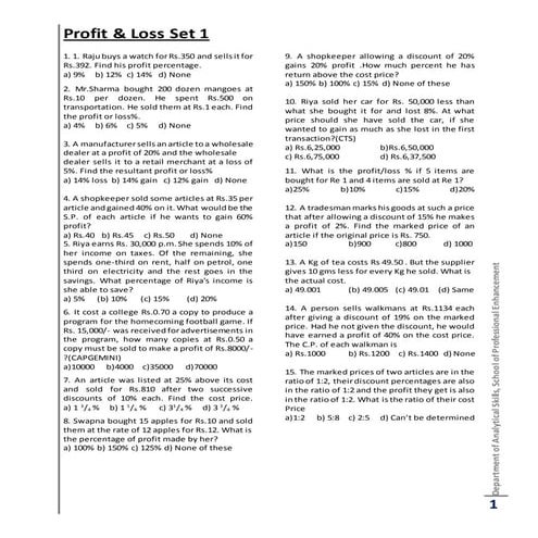 Profit loss set PEA305 Analitycal skills | DOC