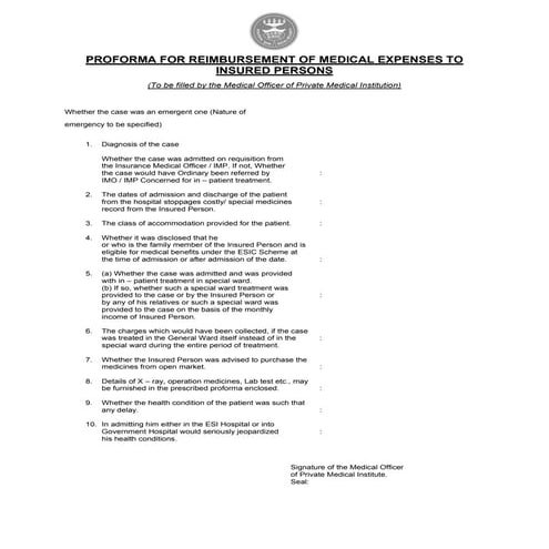 ESIC Proforma for reimbursement of medical expenses to insured persons ...